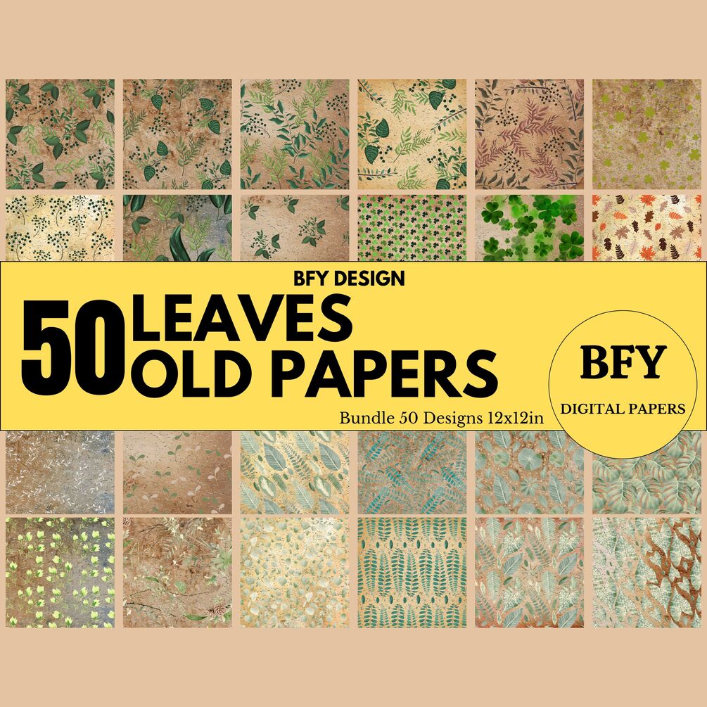 Printable Vintage Leaves Old Papers 50 Designs 12x12in