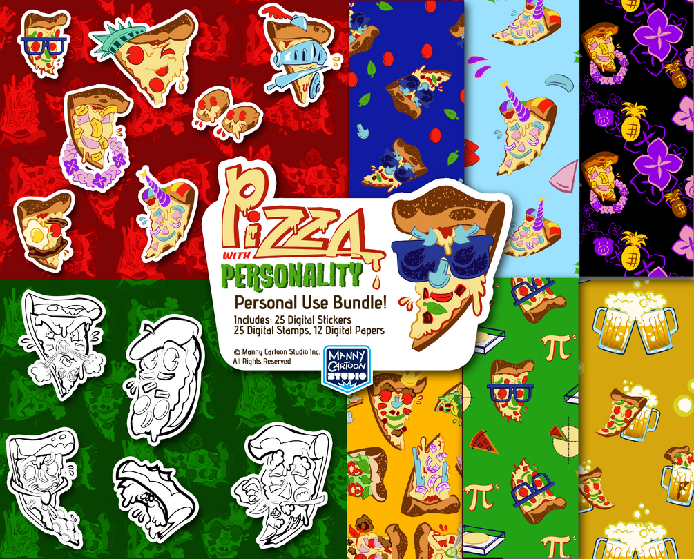 Pizza with Personality Clipart Digital Stickers Stamps Digital Paper