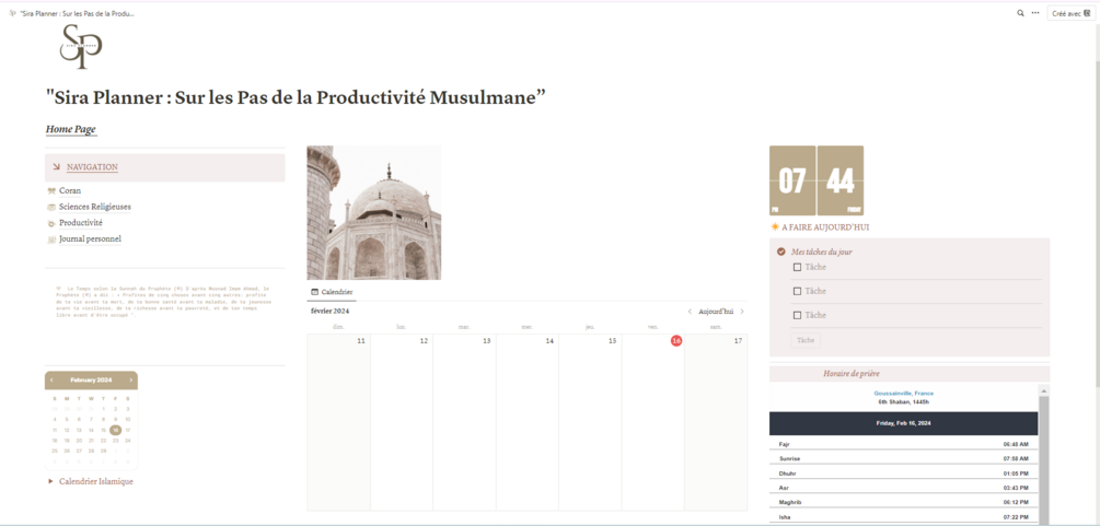 Template Notion - Sira planner : sur les pas de la productivité musulmane
