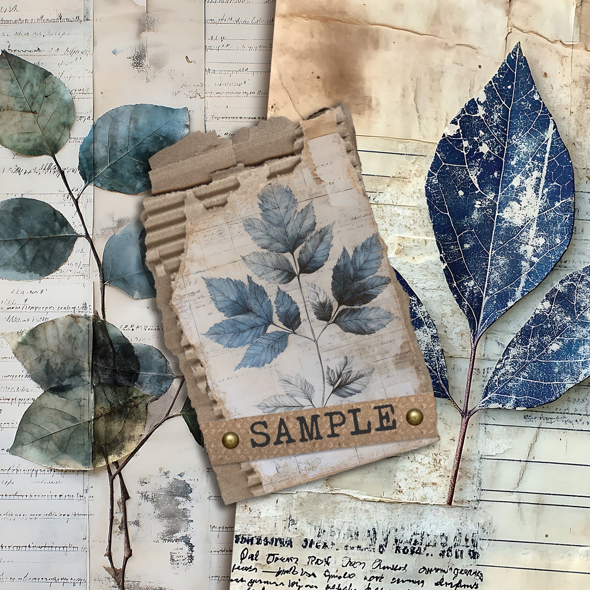 16 pc Nature Inspired Blue Leaf on Ephemeral Background Printable Junk ...