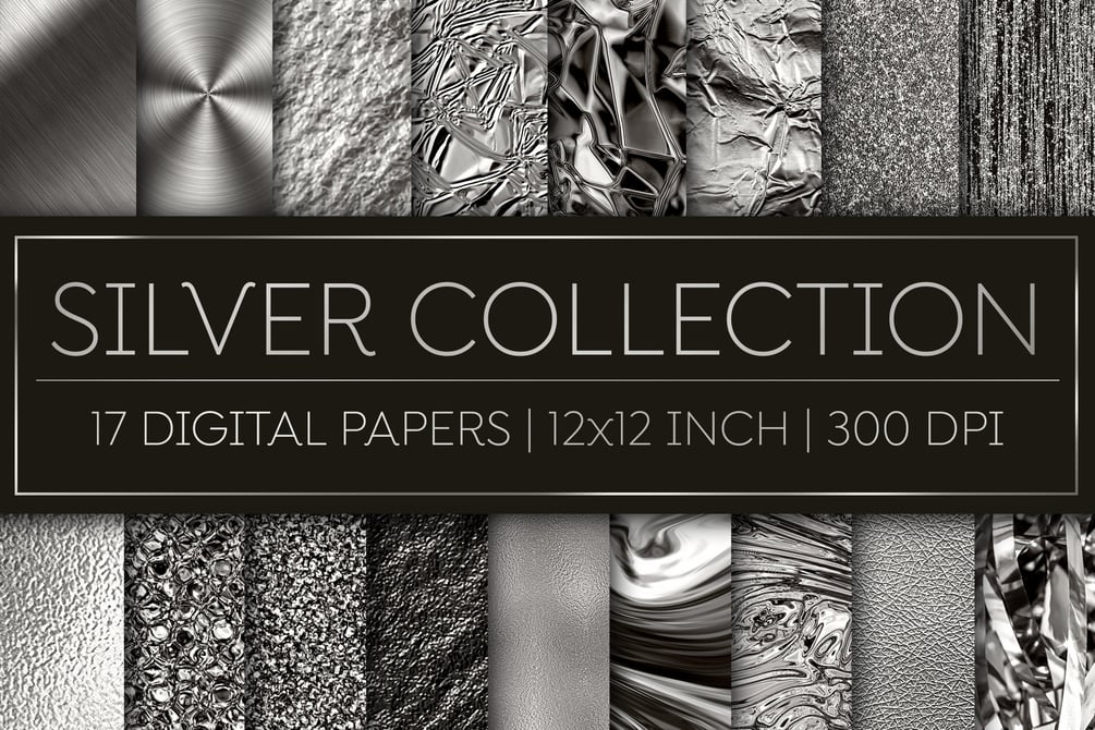SILVER COLLECTION - 17 Metallic Textures, Foils, Digital Papers and more!