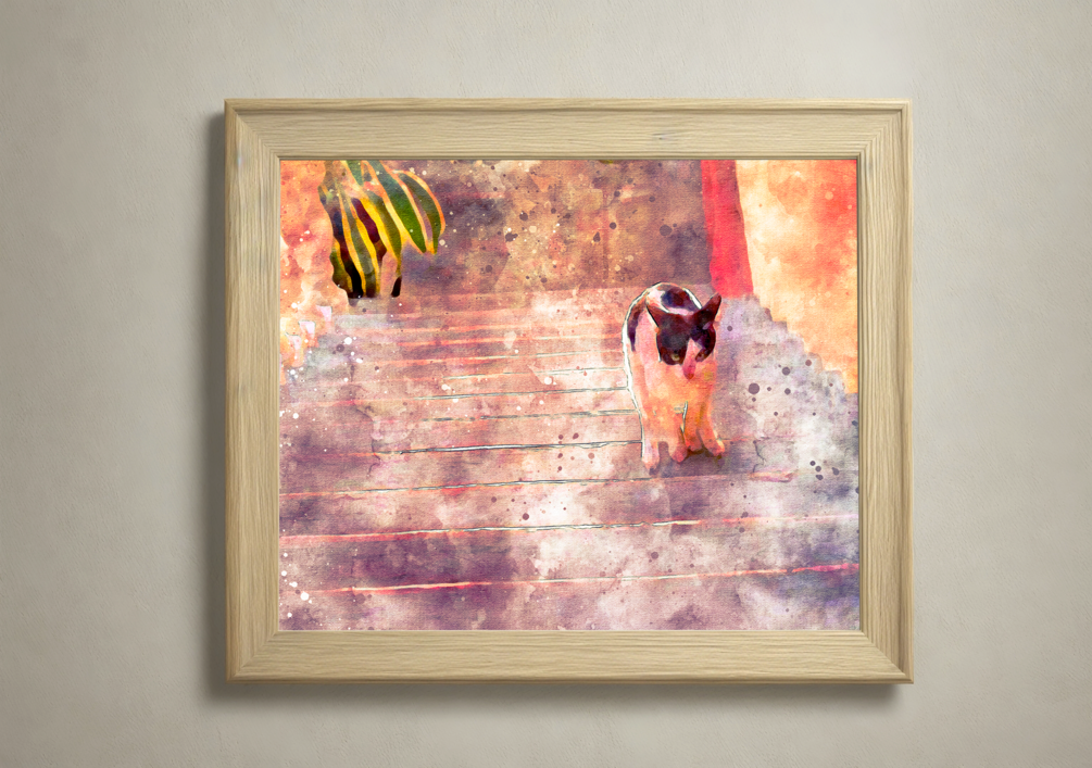 Watercolor Cat Wall Art, a Cat walking on stairs, Design Digital ...