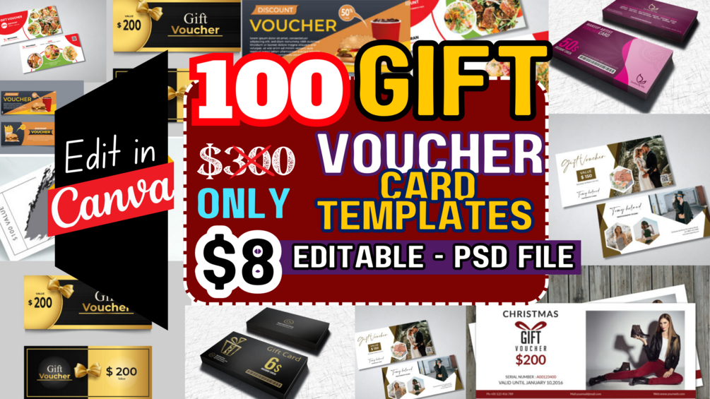 100 Editable Gift Voucher Template Bundle for Canva | Surprise Birthday ...