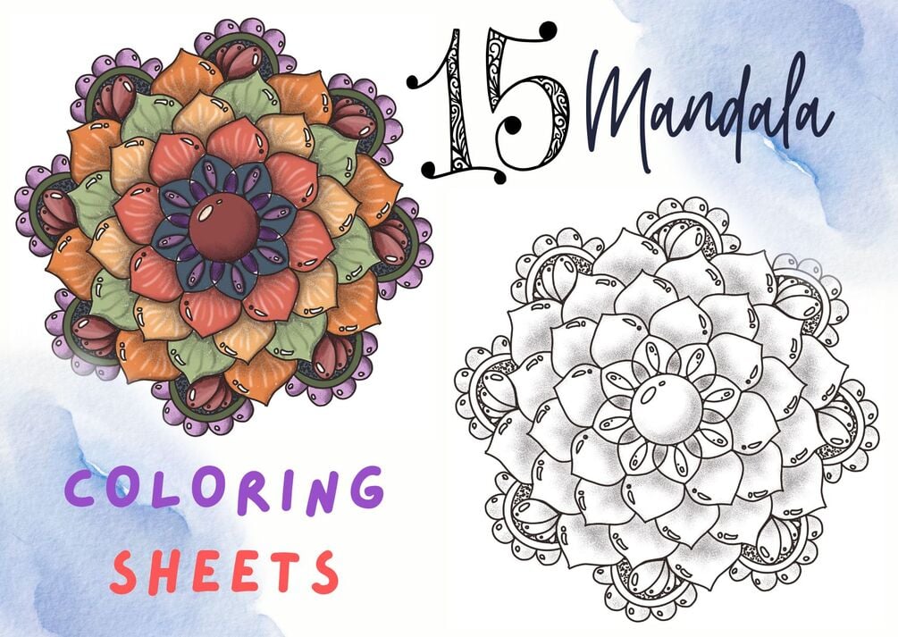 15 Printable Mandala Coloring Sheets (A4 size) with Coloring Suggestions