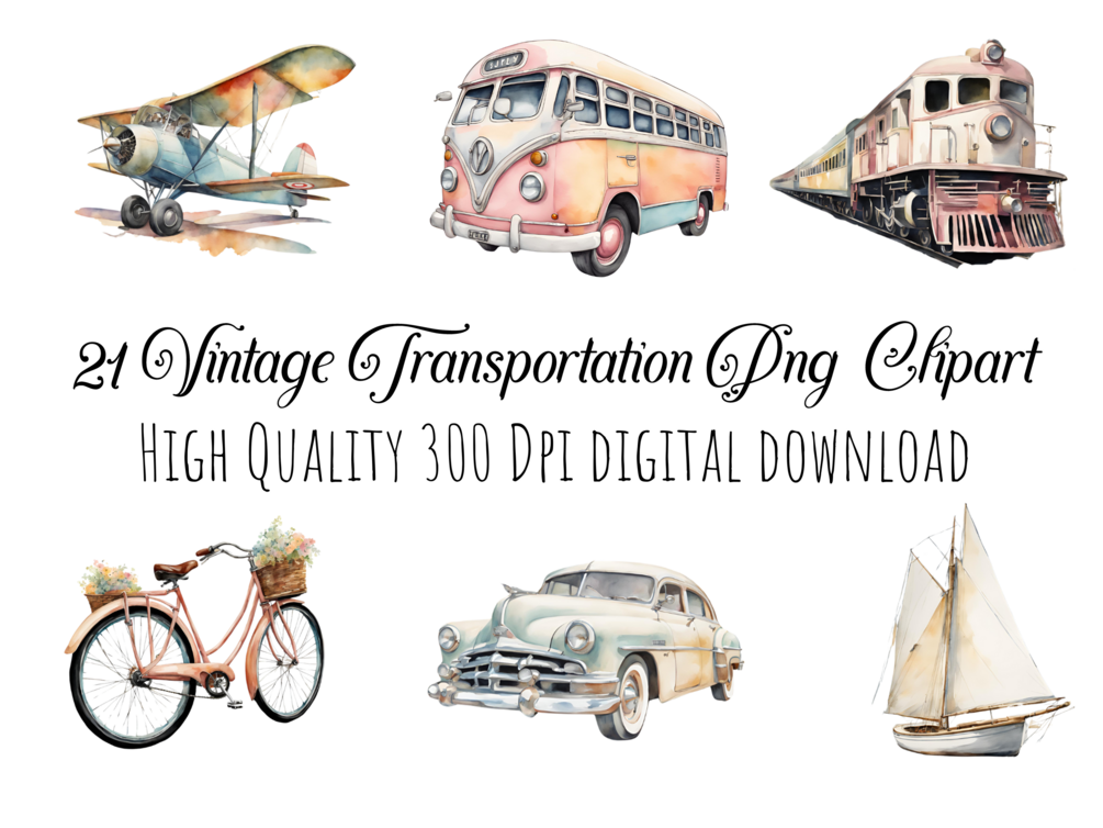 21 Vintage Transportation Pastel Watercolor PNG 300 DPI