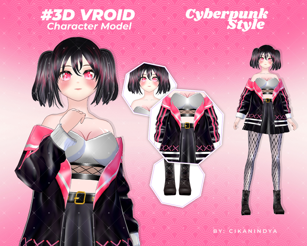 3D VRoid Model. Anime Avatar Cyberpunk Girl - Keyra Virtual Avatar