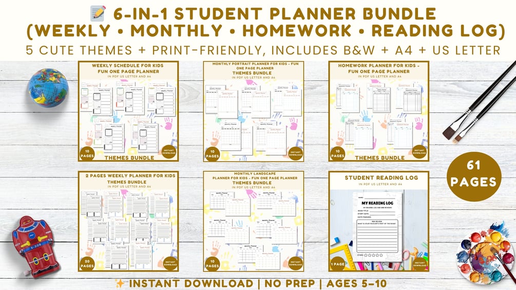 6-in-1 Kids Student Planner Bundle | Weekly, Monthly, Homework Tracker ...
