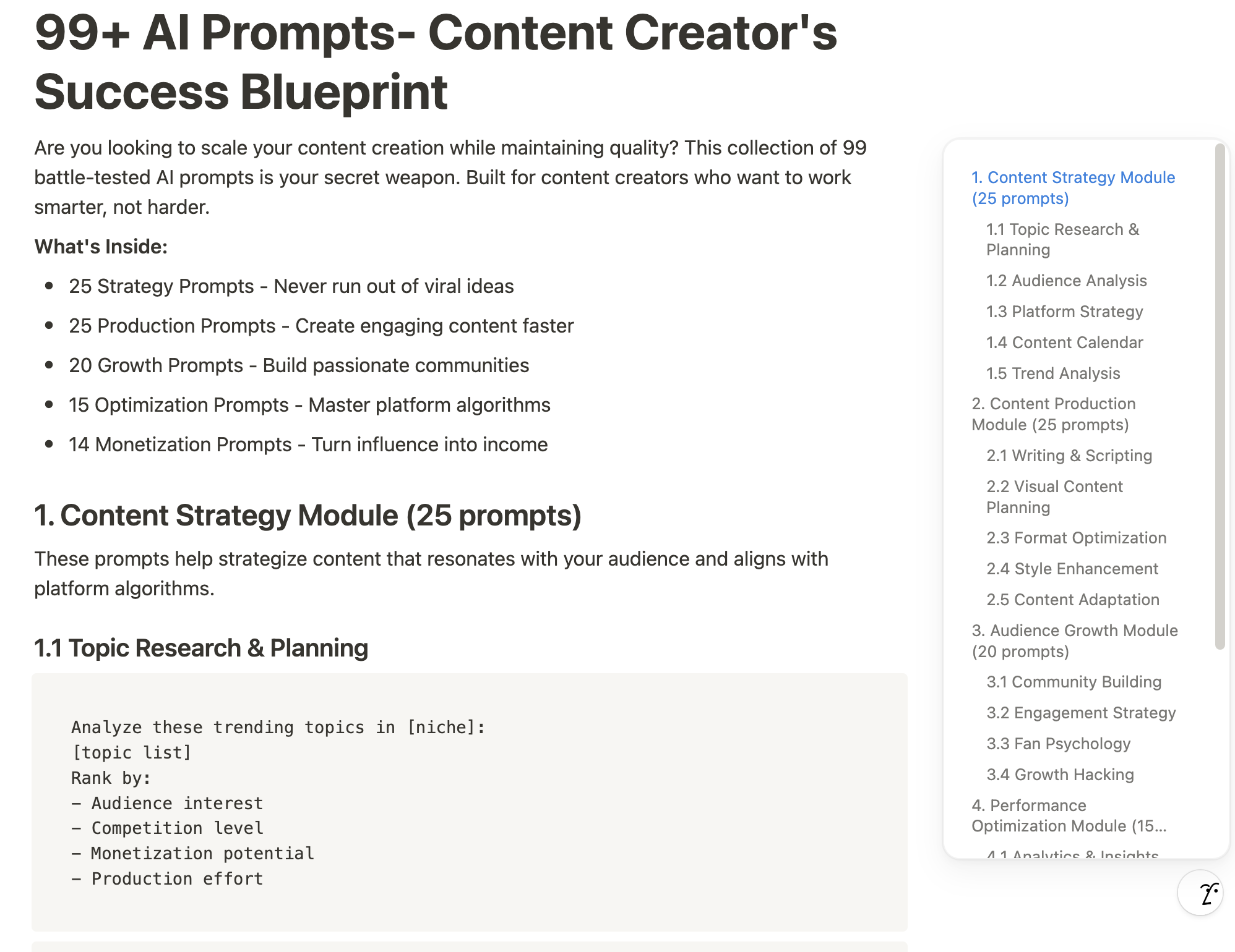 99 AI Prompts: Content Creator's Success Blueprint