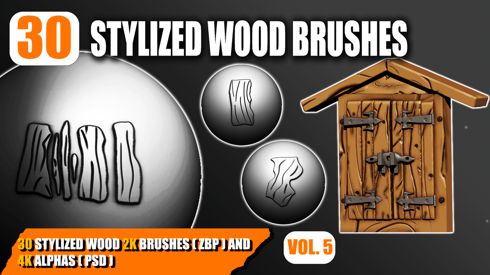 30 Stylized Wood Brushes and Alphas Volume 05
