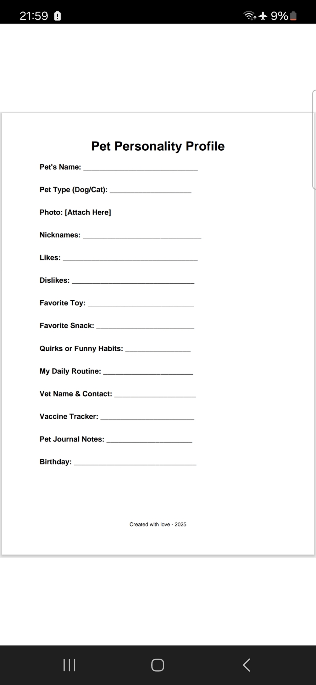 Pet Personality Profile Printable – Cute Cat & Dog Pet Bio Sheet – A4 ...