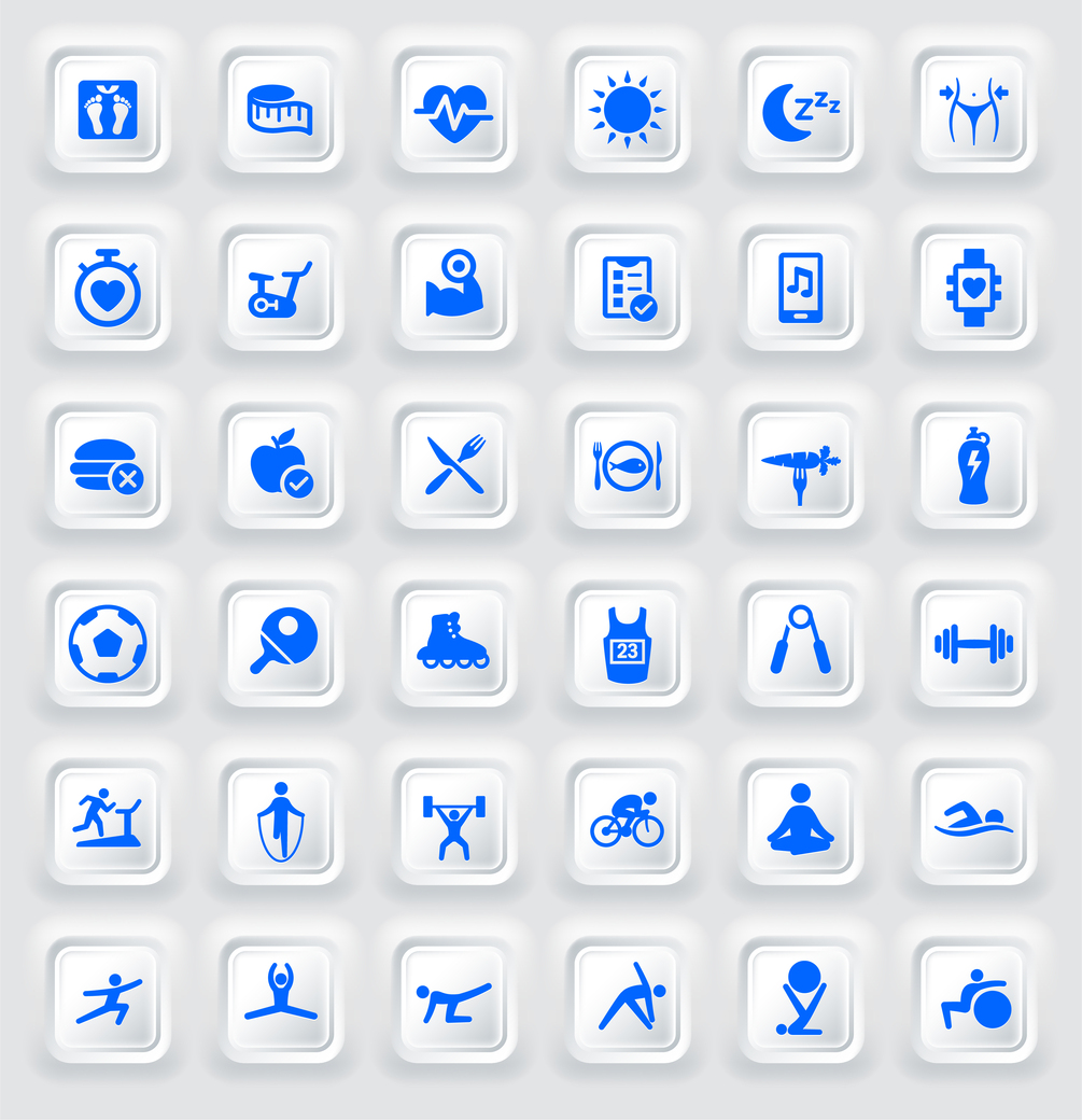 Set of 36 Vector Fitness and Diet Icons on Square Buttons.