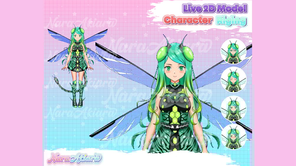 Vtuber Model and Rigging Anime Girl Green Flies Premade, Live2d ready ...