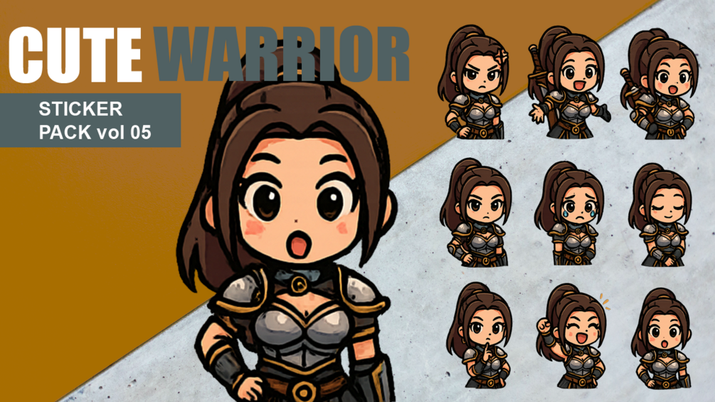 CUTE WARRIOR – Chibi Sticker Pack (9 PNGs, WhatsApp/LINE Ready)