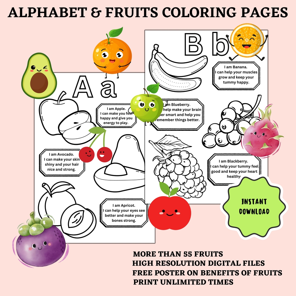 FRUITS & ALPHABET Printable Coloring pages for Kids,kids coloring book ...