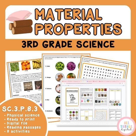 Material Properties SC.3.P.8.3 3rd Grade Physical Science Activity ...