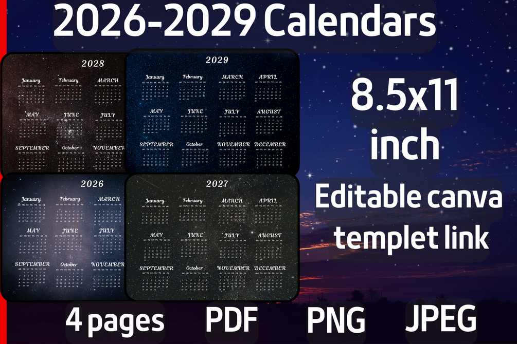 2026-2029 horizontal calendar with space background template