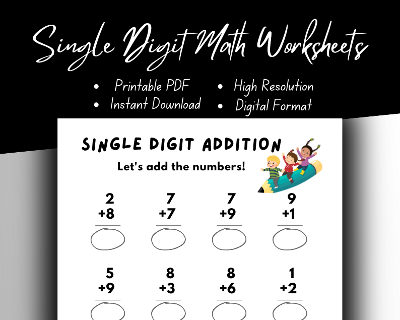 Single Digit Math Worksheets Printable PDF | Instant Download | High ...