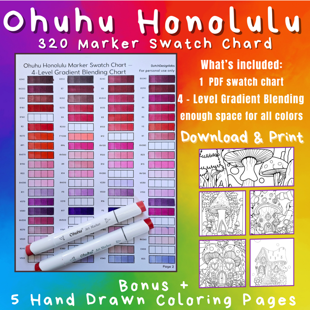 Ohuhu Honolulu Marker Swatch Chart | 4-Layer Gradient Chart | Digital ...