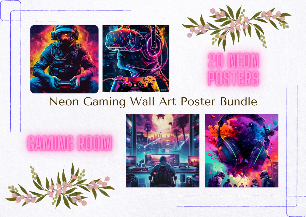 Neon Gaming Wall Art Poster Bundle – Futuristic LED-Style Prints for ...