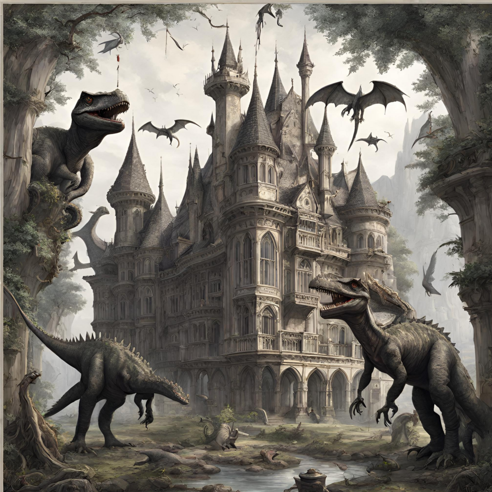 Gothic palace around dinosaurs