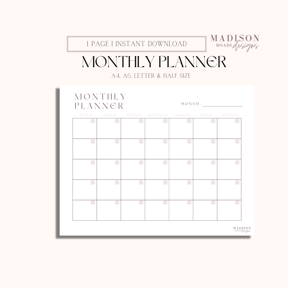 Undated Monthly Calendar Template | minimal Monthly Planner | Monthly ...