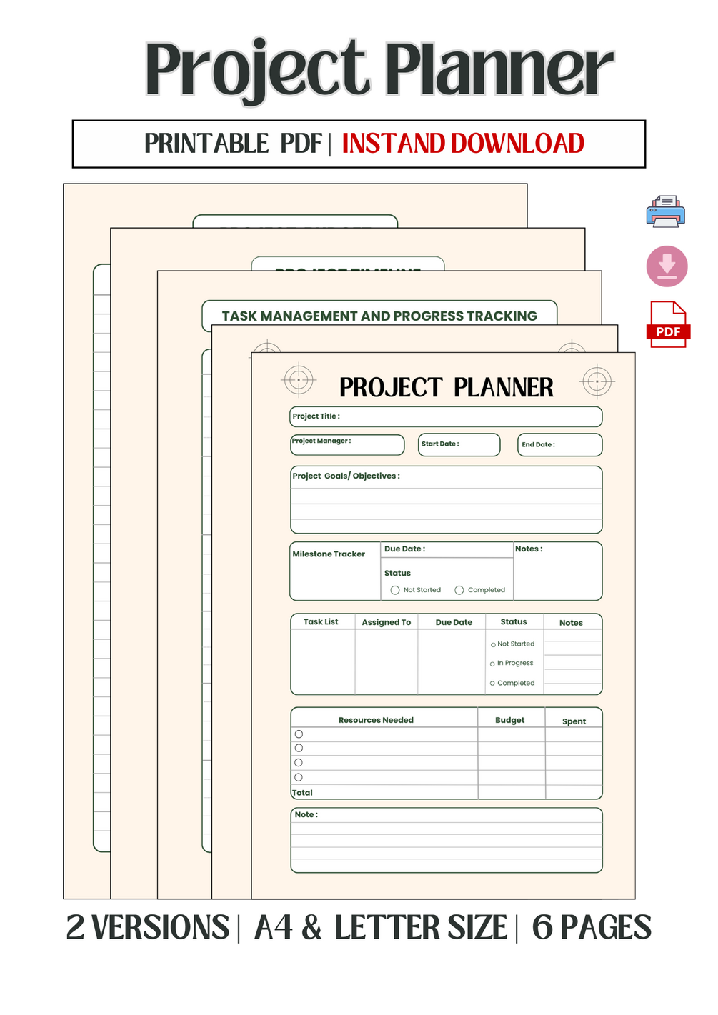 Project Planner Printable Template, Project Planning A4, Project ...