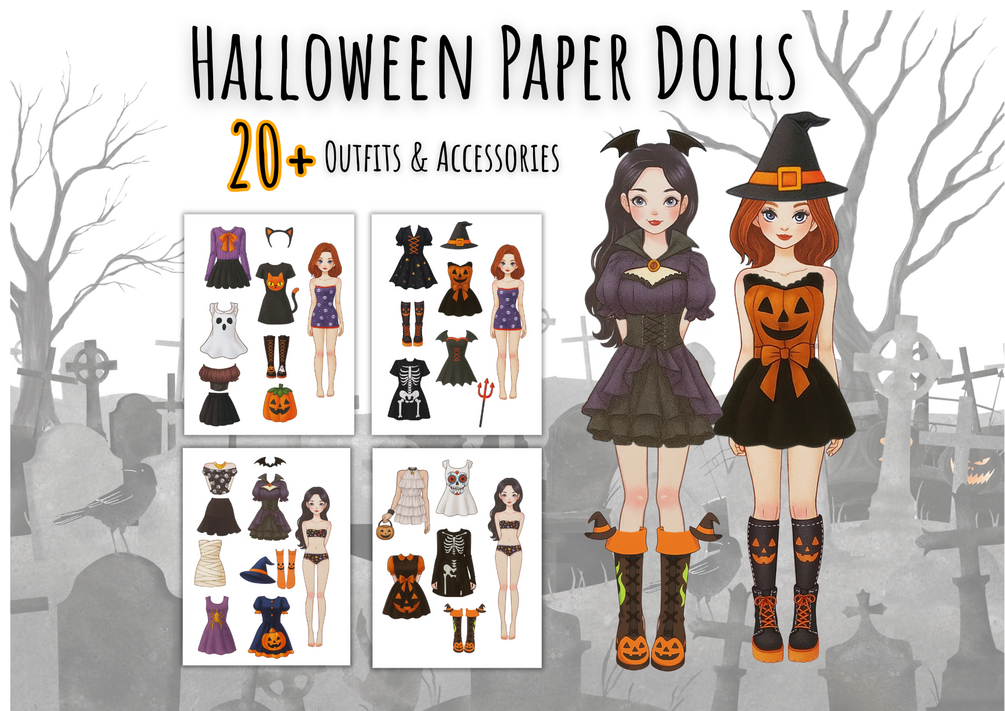 Printable Halloween Paper Dolls for Kids – 2 Dolls with 20+ Costumes ...