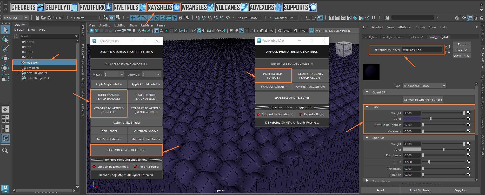 Raysheds—Random Shaders, Batch Subdivisions, Arnold Conversions, and Lighting for Autodesk Maya