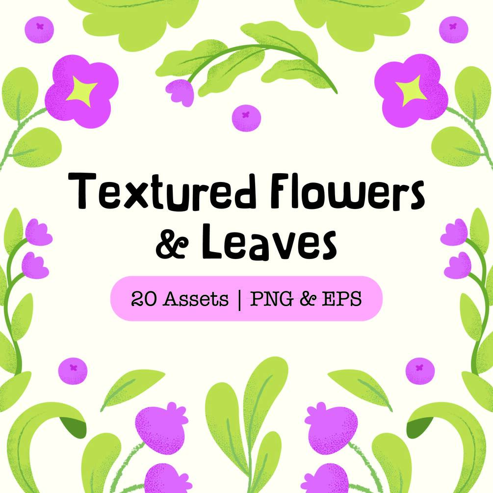20 Cute Textured Flowers and Leaves Assets Bundle