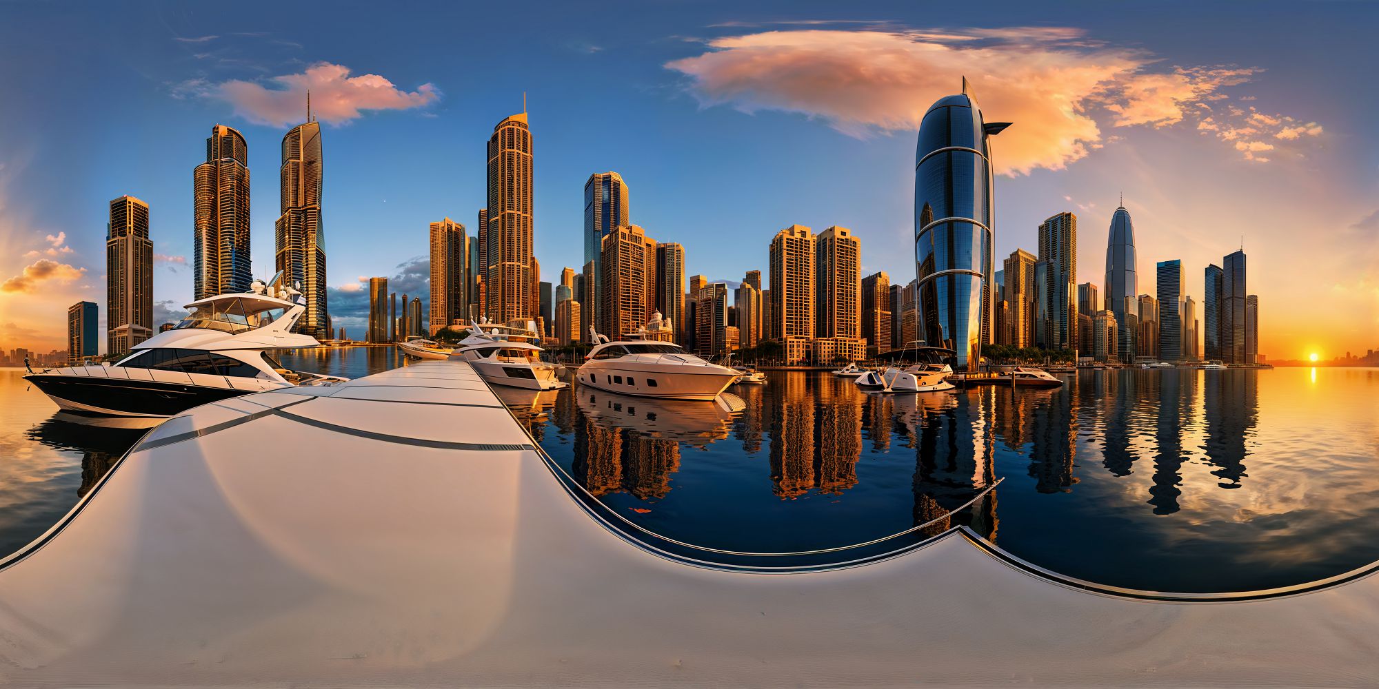 8K HDR Sunset City Harbor with Skyscrapers Background