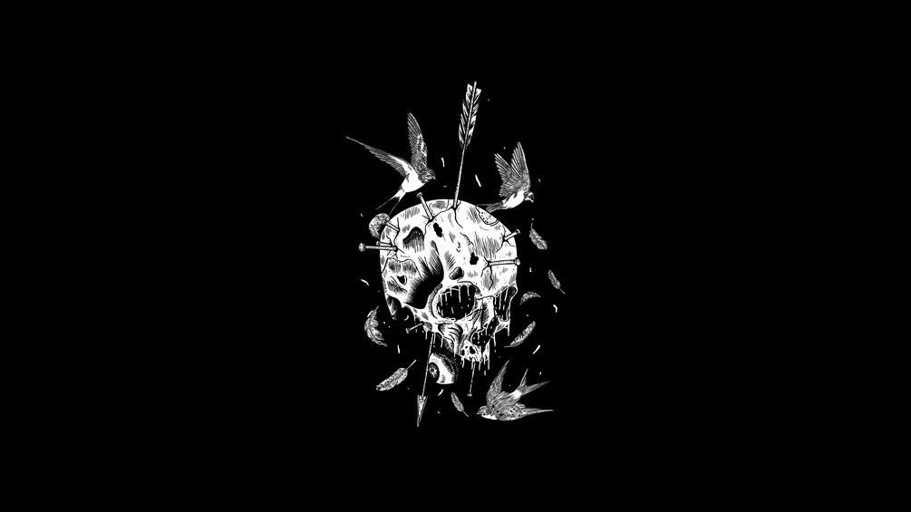 Death metal horror illustration of skulls, arrows, and birds