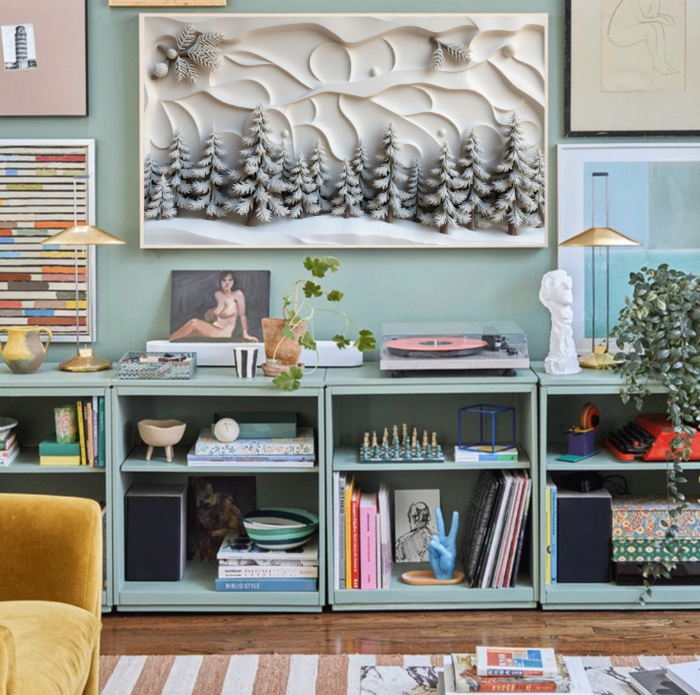 Textured Winter Forest TV Art – 3D Embossed Pine Trees in Neutral Tones