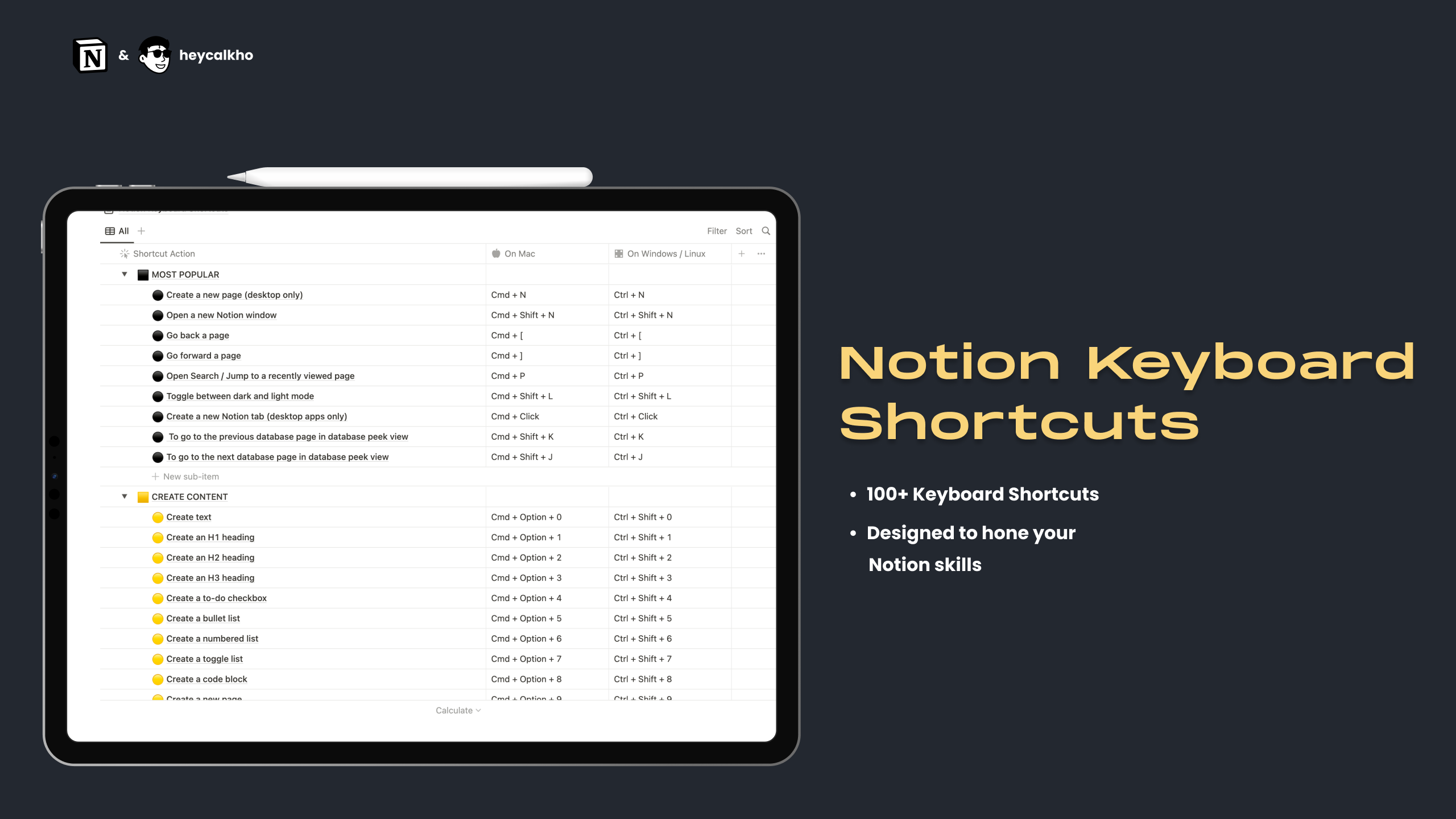 Notion Keyboard Shortcuts (100+ Shortcuts) Template - Notion Circles