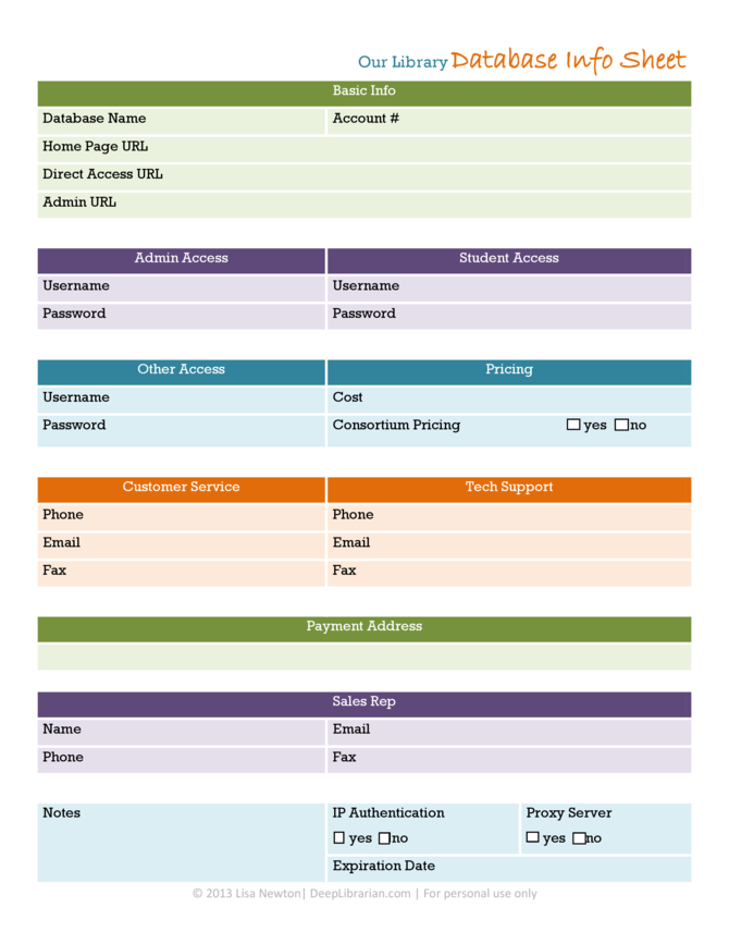 Database Information Sheet- Editable- INSTANT DOWNLOAD