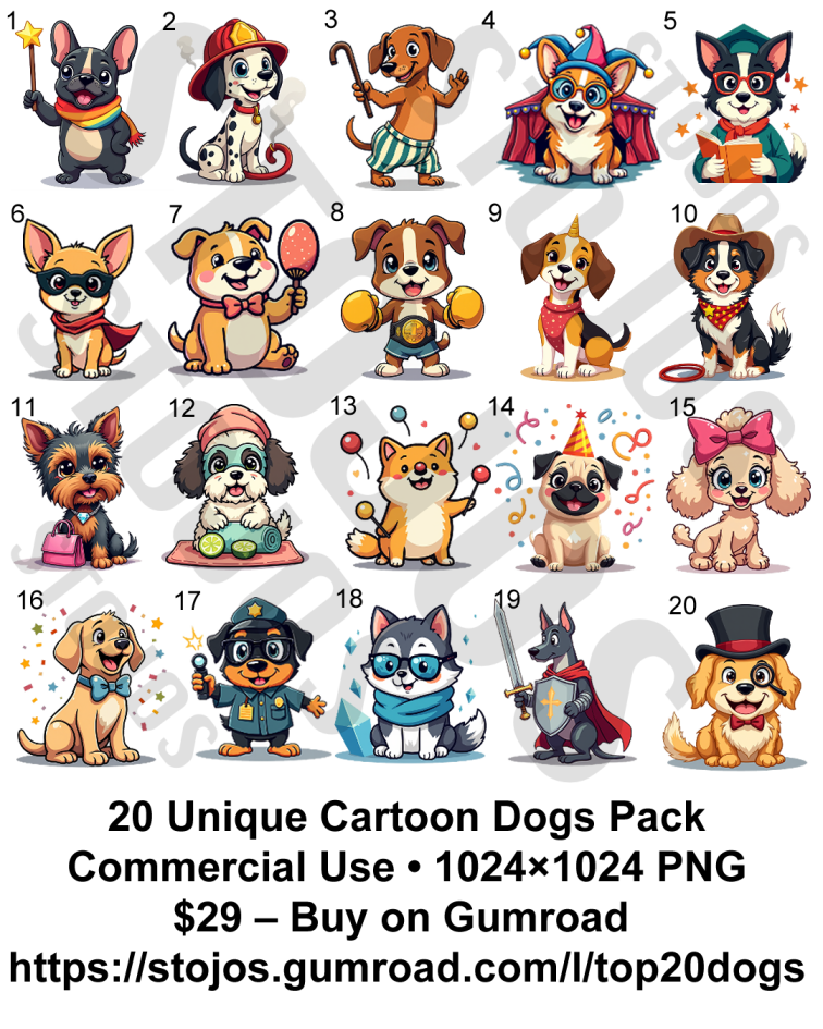 20 Unique 2D Cartoon Dogs Pack