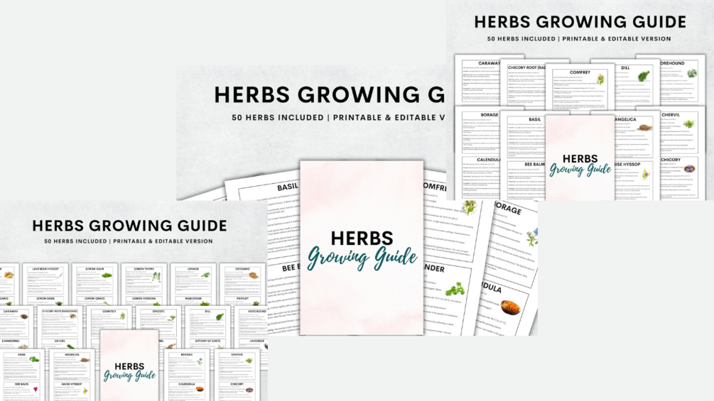 Herbs Growing Guide, 50 Printable Herbs Guide, Gardening Planner Digital