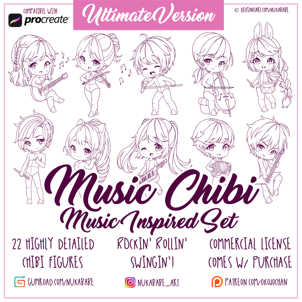 22 Procreate Stamps - Chibi Music Poses [+PNG]