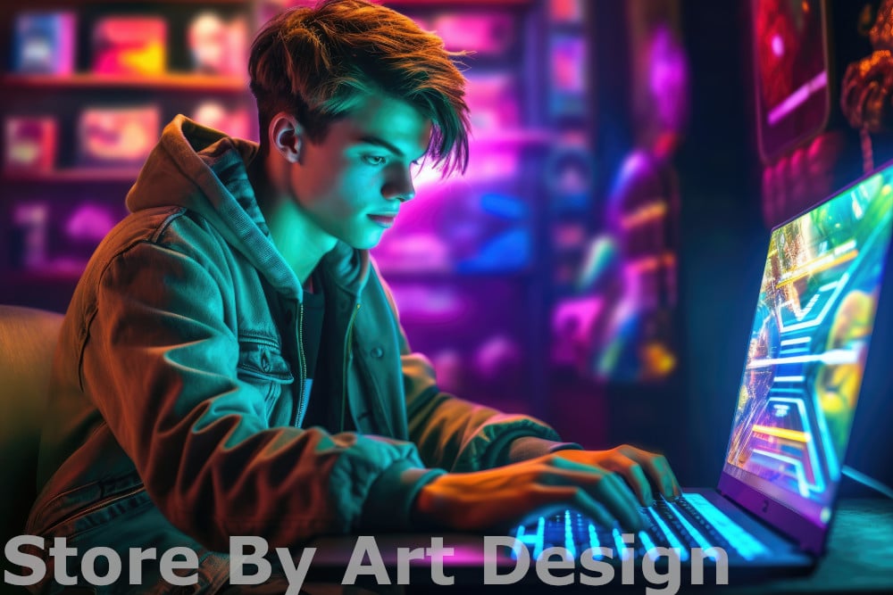 Gamer dude using laptop in beautiful environment - 2 images