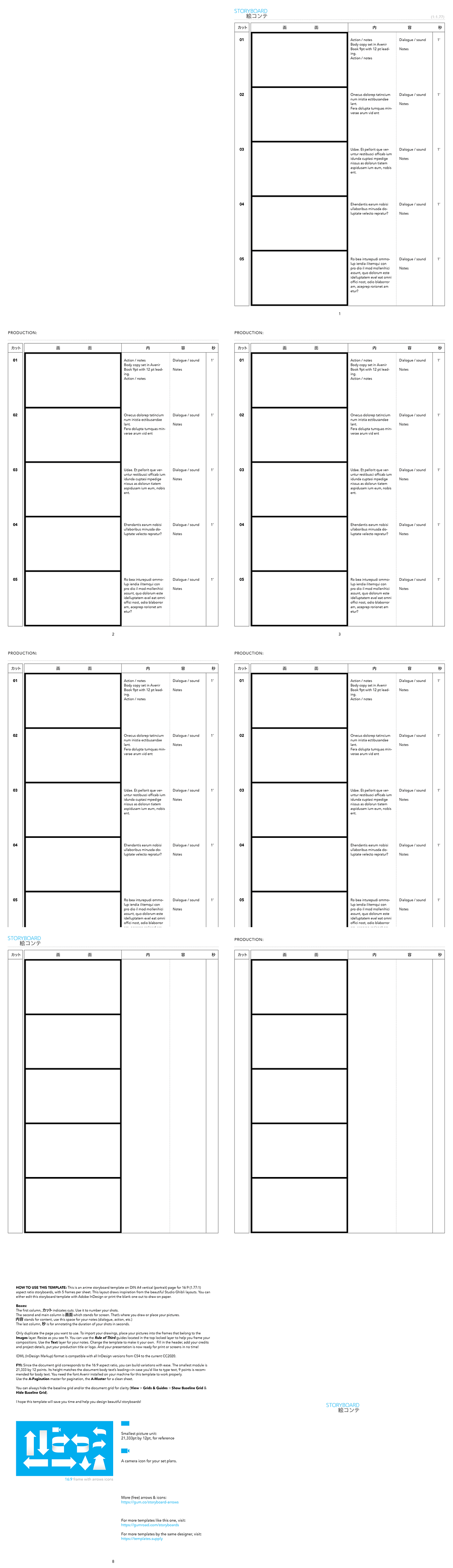 InDesign Japanese anime storyboard template 16:9 Avenir Book on A4 Vertical