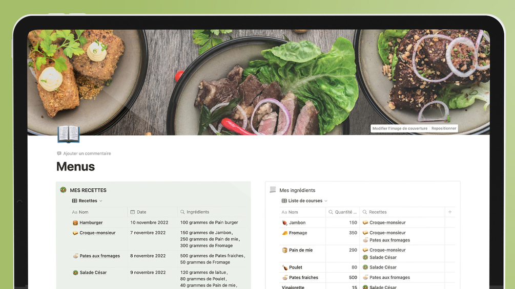 Notion - Gestion de menus et de recettes
