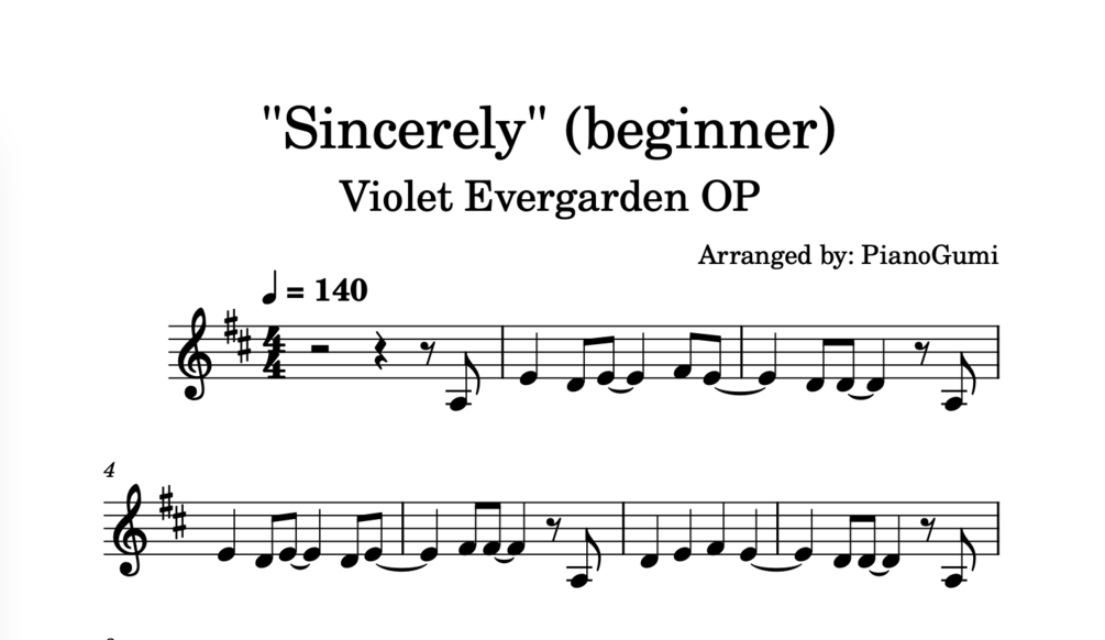 Violet Evergarden OP - "Sincerely" - BEGINNER Piano Sheet Music