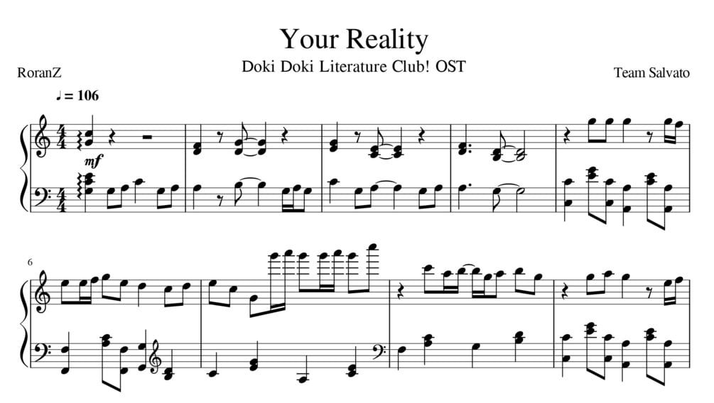 [Sheet Music + MIDI] Your Reality - Doki Doki Literature Club OST