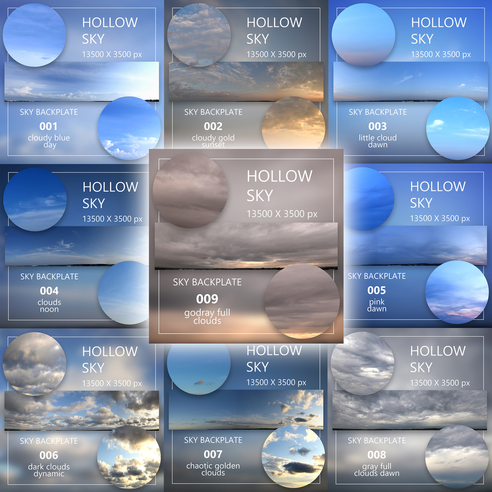 Sky Backplates 001-008 Bundle + Bonus Sky Backplate 009 Godray Full Clouds