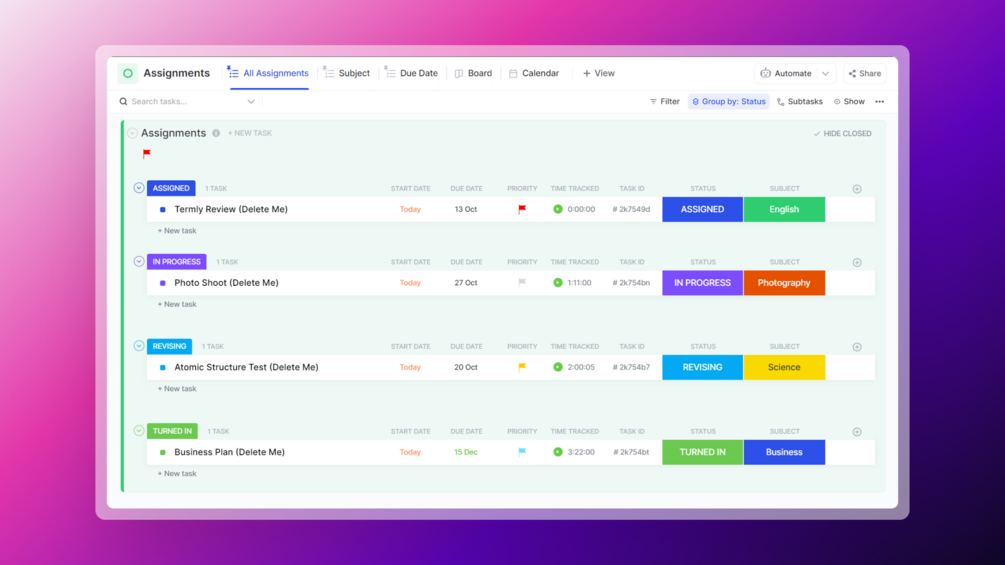 Student Assignment Tracker for ClickUp