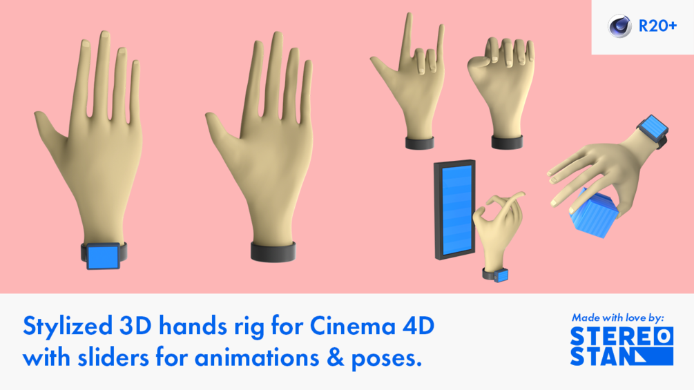 Stylized 3D Hands Rig with Sliders for Animation & Poses: Cinema 4D