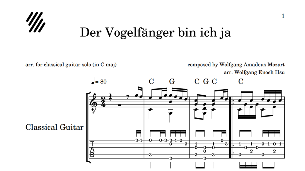 Der Vogelfänger bin ich ja (guitar sheet music)