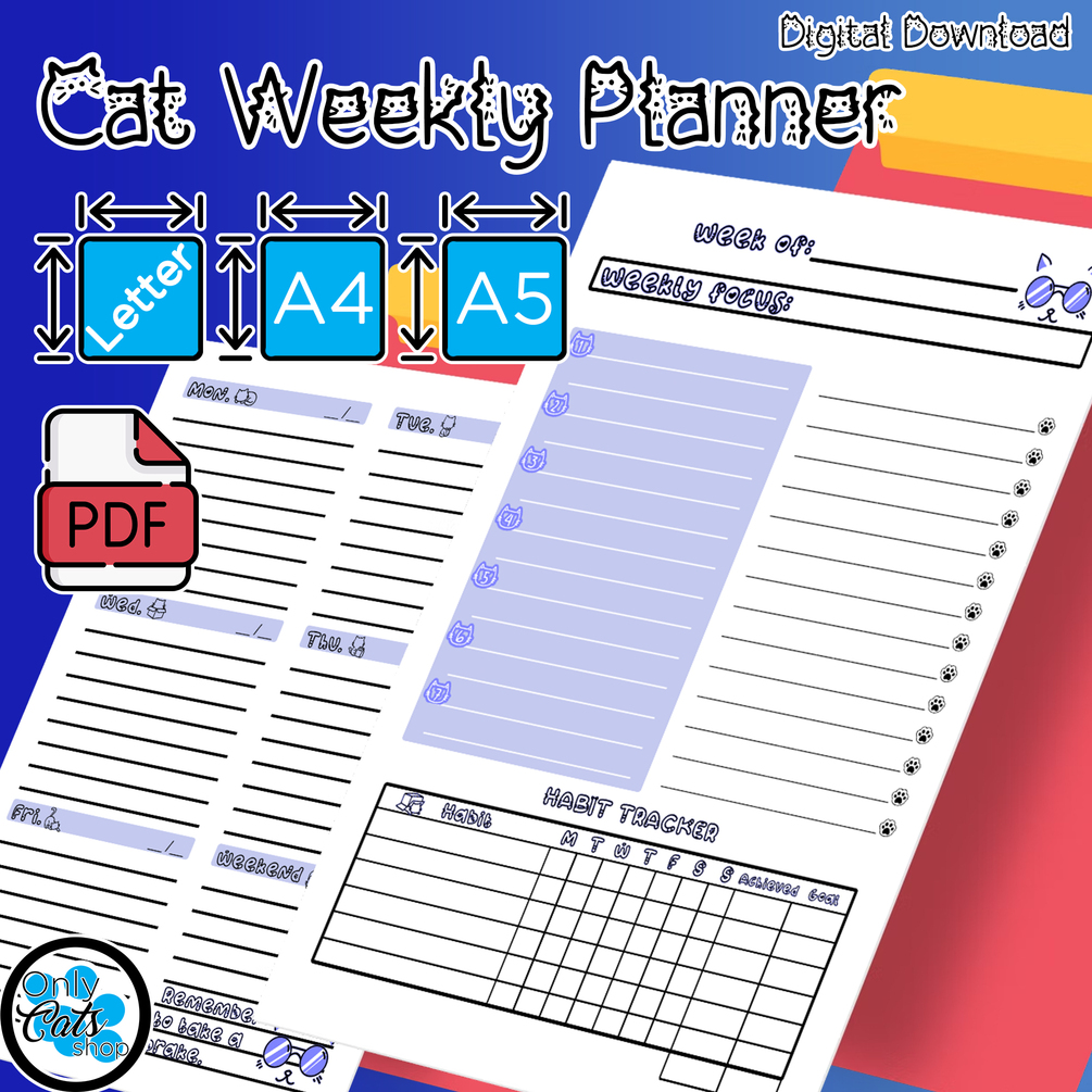 😻Blue Daily-Weekly Planner for Cats Lovers Organization 😻 Simple ...