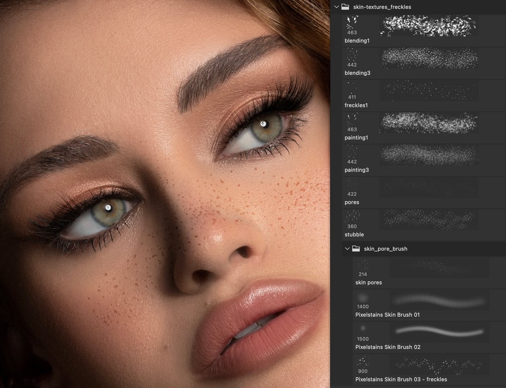 Skin texture, freckles and pore brushes for Photoshop