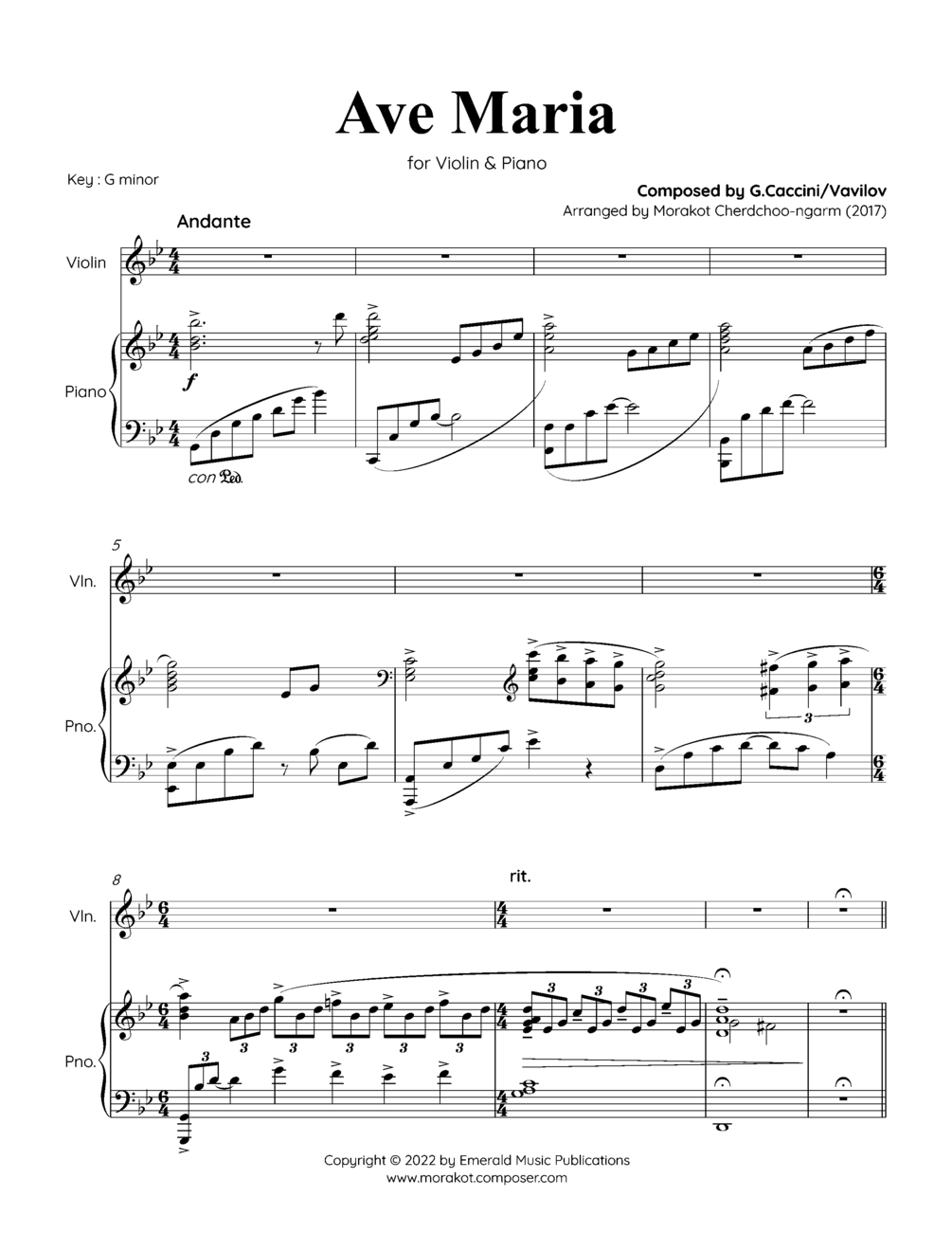 AVE MARIA Caccini for Violin & Piano (Score & Part) PDF + Audio mp3 for practice