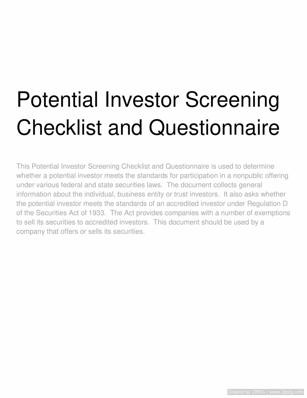 Potential Investor Screening Checklist and Questionnaire